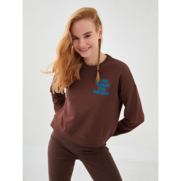 Bisiklet Yaka Slogan Baskılı Uzun Kollu Kadın Sweatshirt