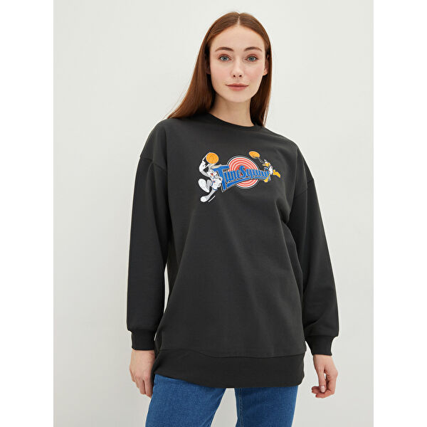 Bisiklet Yaka Space Jam Baskılı Uzun Kollu Oversize Kadın Tunik