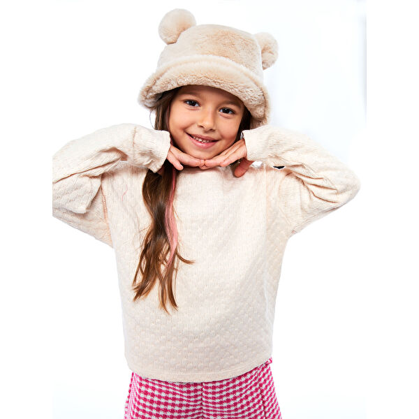 Bisiklet Yaka Kendinden Desenli Uzun Kollu Kız Çocuk Sweatshirt