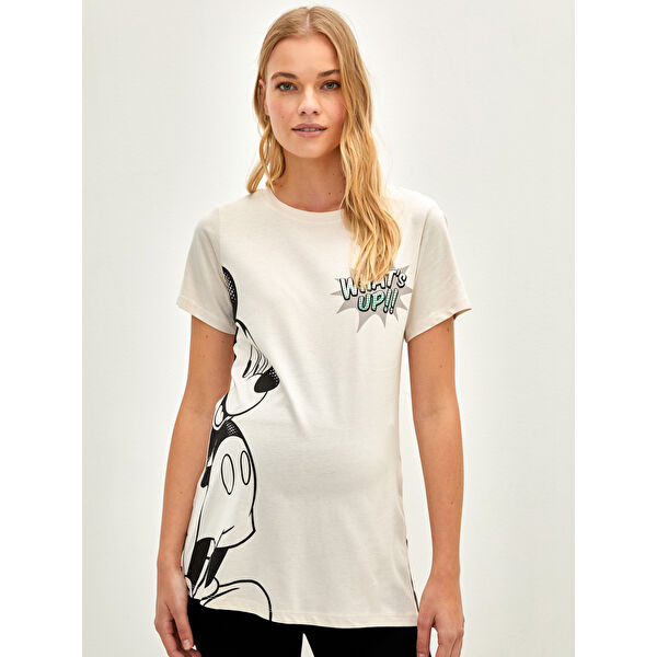 Bisiklet Yaka Mickey Mouse Baskılı Kısa Kollu Pamuklu Hamile Tişört