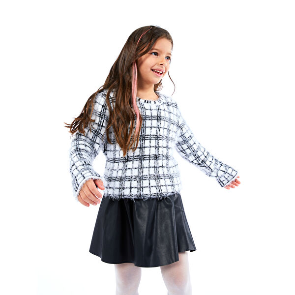 Bisiklet Yaka Ekose Uzun Kollu Kız Çocuk Triko Kazak