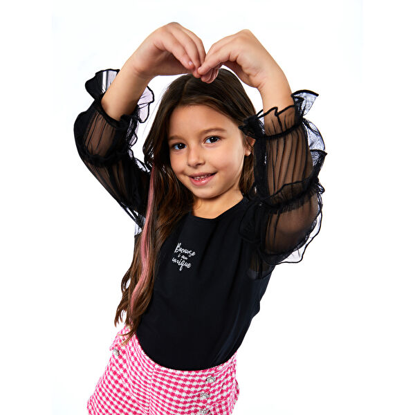 Bisiklet Yaka Yazı Baskılı Uzun Kollu Kız Çocuk Bluz Bisiklet Yaka Yazı Baskılı Uzun Kollu Kız Çocuk Bluz