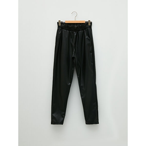 Beli Lastikli Basic Deri Görünümlü Kız Çocuk Pantolon