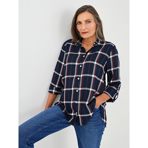 Önden Düğme Kapamalı Ekose Uzun Kollu Viskon Kadın Gömlek Önden Düğme Kapamalı Ekose Uzun Kollu Viskon Kadın Gömlek
