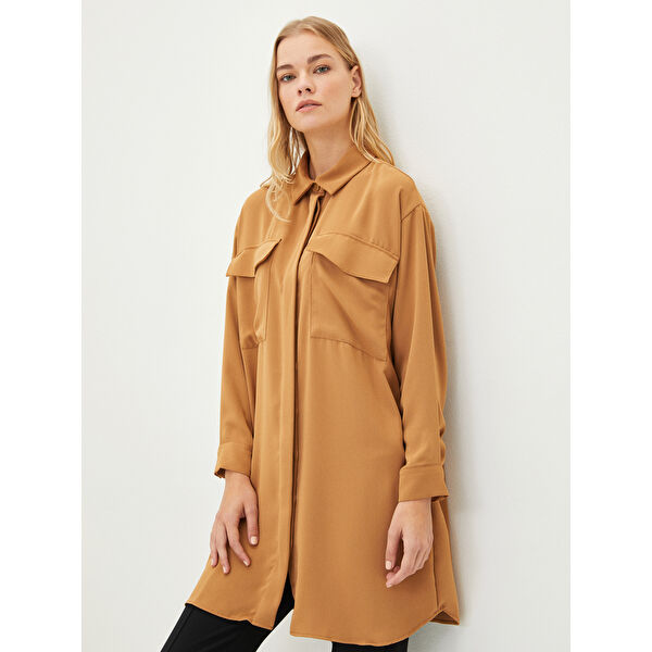 Gömlek Yaka Düz Cep Detaylı Uzun Kollu Kadın Tunik Gömlek Yaka Düz Cep Detaylı Uzun Kollu Kadın Tunik