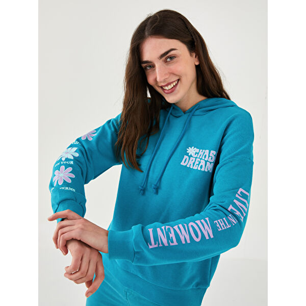 Kapüşonlu Baskılı Uzun Kollu Kadın Sweatshirt