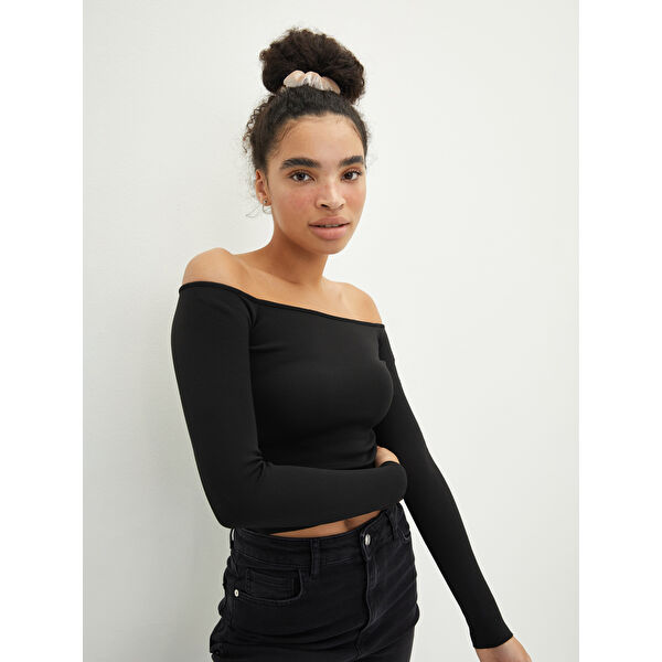 Kayık Yaka Düz Uzun Kollu Kadın Triko Kazak