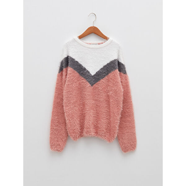 Bisiklet Yaka Renk Bloklu Uzun Kollu Kız Çocuk Triko Kazak