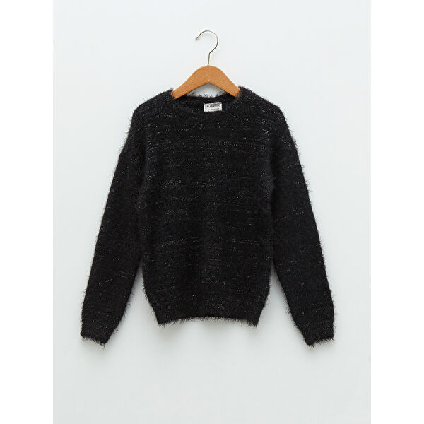 Bisiklet Yaka Işıltılı Uzun Kollu Kız Çocuk Triko Kazak