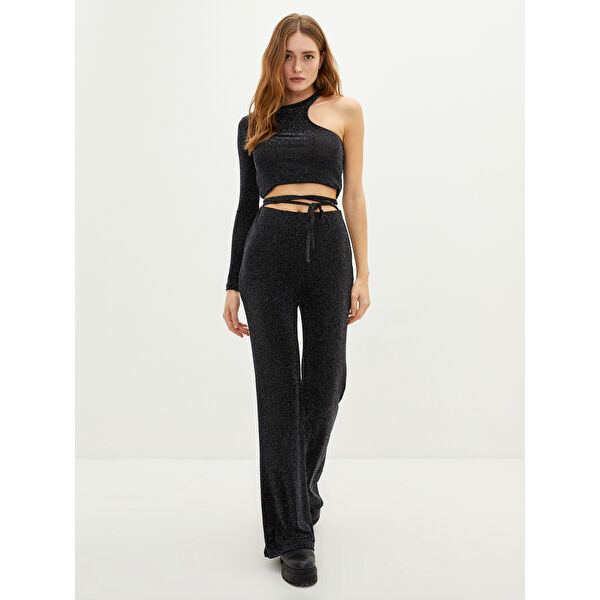 Beli Bağlama Detaylı Parıltı Görünümlü Kadın Pantolon