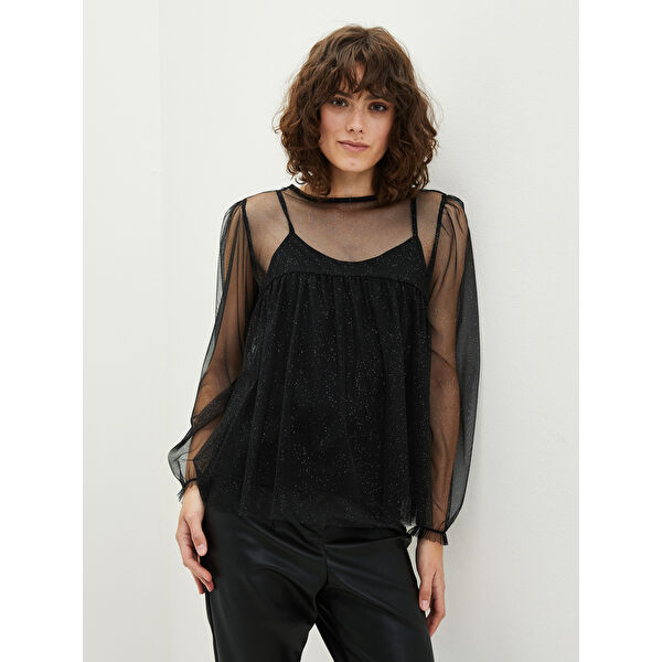 LCW CASUAL Bisiklet Yaka Parlak Görünümlü Uzun Kollu Tül Kadın Bluz