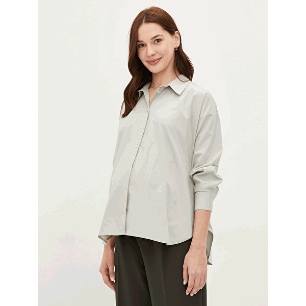 Önden Düğme Kapamalı Düz Uzun Kollu Hamile Gömlek Önden Düğme Kapamalı Düz Uzun Kollu Hamile Gömlek