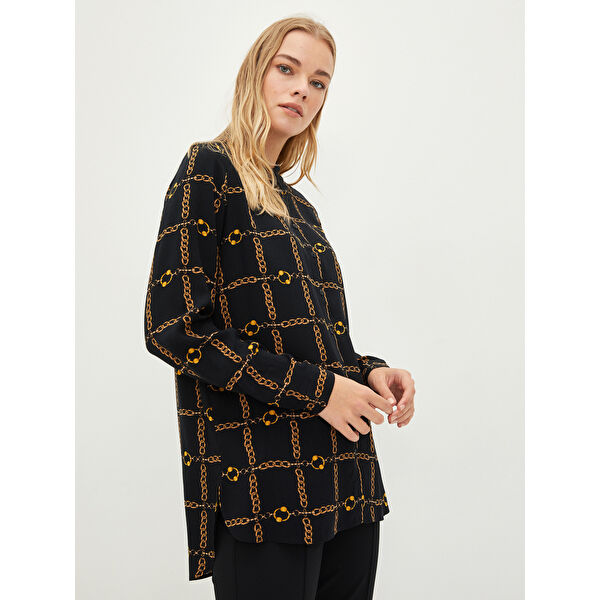 Önden Düğme Kapamalı Desenli Uzun Kollu Viskon Kadın Gömlek