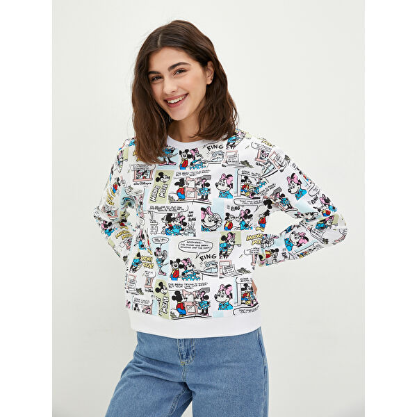 Bisiklet Yaka Mickey Mouse Baskılı Uzun Kollu Kadın Sweatshirt