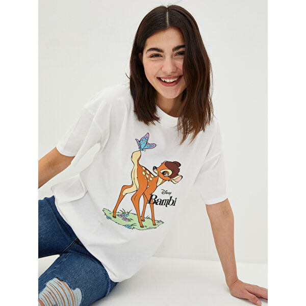 Bisiklet Yaka Bambi Baskılı Kısa Kollu Pamuklu Kadın Tişört Bisiklet Yaka Bambi Baskılı Kısa Kollu Pamuklu Kadın Tişört