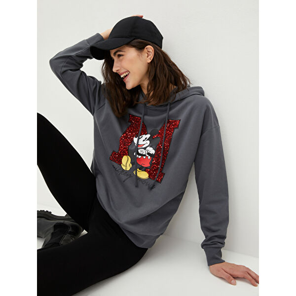Kapüşonlu Mickey Mouse Baskılı Uzun Kollu Kadın Sweatshirt Kapüşonlu Mickey Mouse Baskılı Uzun Kollu Kadın Sweatshirt