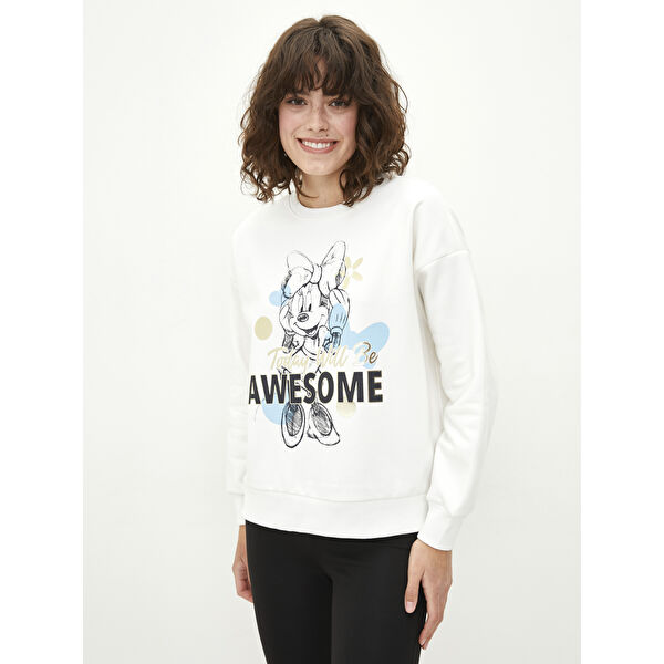 Bisiklet Yaka Minnie Mouse Baskılı Uzun Kollu Kadın Sweatshirt Bisiklet Yaka Minnie Mouse Baskılı Uzun Kollu Kadın Sweatshirt
