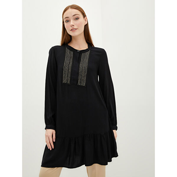 Bisiklet Yaka Desenli Uzun Kollu Viskon Kadın Tunik