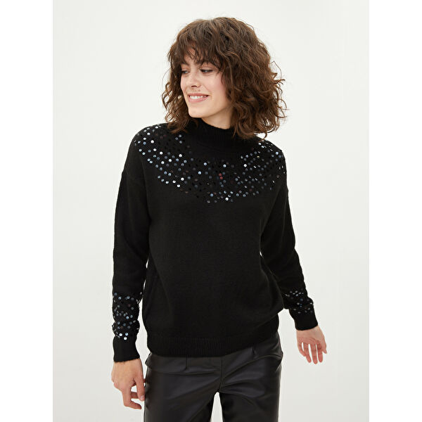 Yarım Balıkçı Yaka Pul İşlemeli Uzun Kollu Kadın Triko Kazak Yarım Balıkçı Yaka Pul İşlemeli Uzun Kollu Kadın Triko Kazak