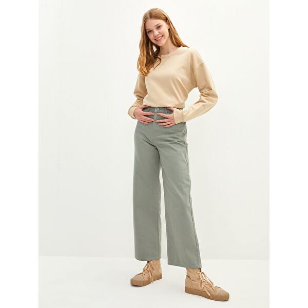 Yüksek Bel Rahat Kalıp Cep Detaylı Geniş Paça Kadın Jean Pantolon