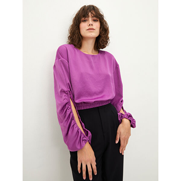 Bisiklet Yaka Düz Uzun Kollu Saten Kadın Bluz Bisiklet Yaka Düz Uzun Kollu Saten Kadın Bluz