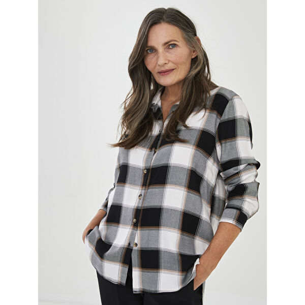 Önden Düğme Kapamalı Ekose Uzun Kollu Viskon Kadın Gömlek Önden Düğme Kapamalı Ekose Uzun Kollu Viskon Kadın Gömlek