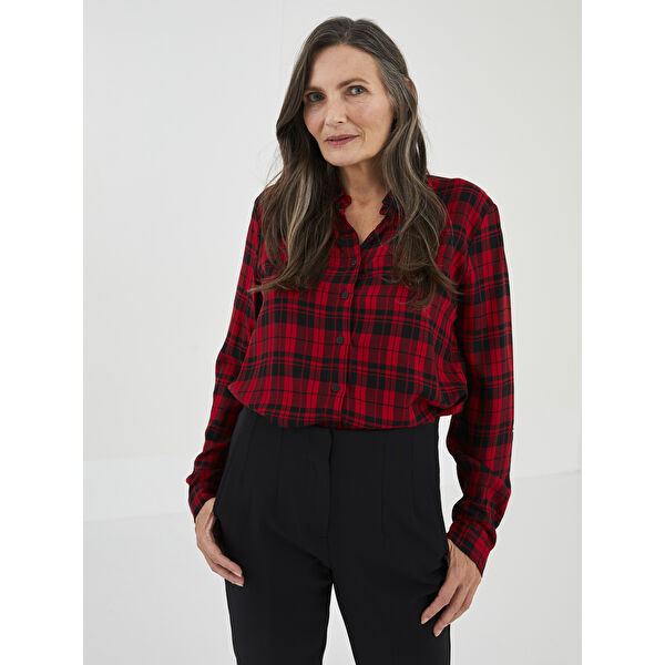 Önden Düğme Kapamalı Ekose Uzun Kollu Viskon Kadın Gömlek Önden Düğme Kapamalı Ekose Uzun Kollu Viskon Kadın Gömlek