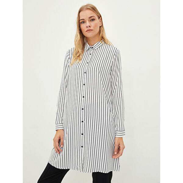 Gömlek Yaka Çizgili Uzun Kollu Viskon Kadın Tunik