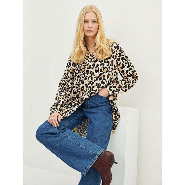 Gömlek Yaka Desenli Uzun Kollu Poplin Kadın Tunik