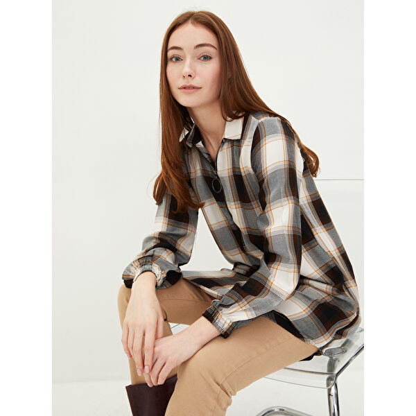 Gömlek Yaka Ekose Uzun Kollu Viskon Kadın Tunik