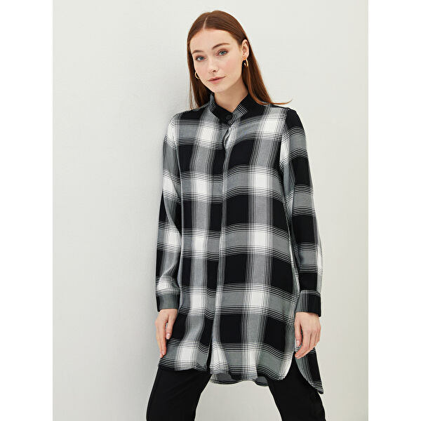 Hakim Yaka Ekose Uzun Kollu Viskon Kadın Tunik