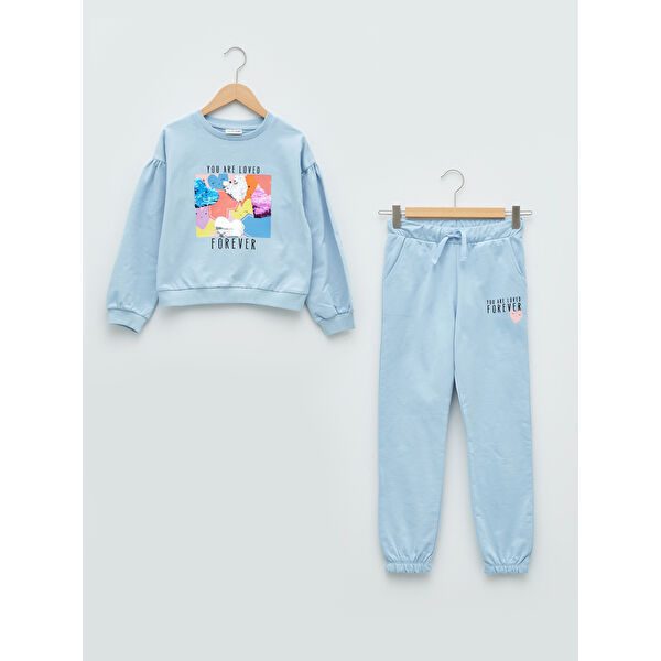 Bisiklet Yaka Baskılı Uzun Kollu Oversize Kız Çocuk Sweatshirt ve Eşofman Altı