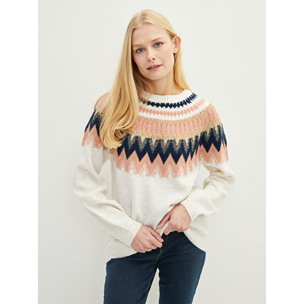 Bisiklet Yaka Renk Bloklu Uzun Kollu Kadın Triko Kazak