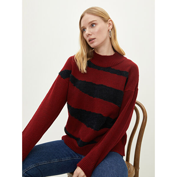 Yarım Balıkçı Yaka Renk Bloklu Uzun Kollu Kadın Triko Kazak