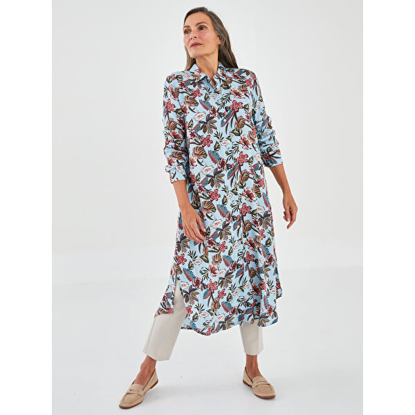 Gömlek Yaka Çiçekli Uzun Kollu Viskon Kadın Tunik