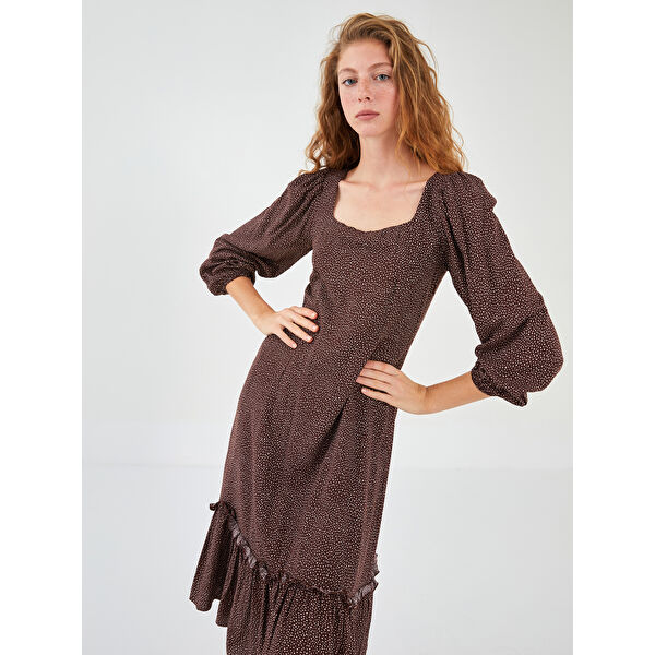 XSIDE Kare Yaka Desenli Uzun Kollu Viskon Kadın Elbise