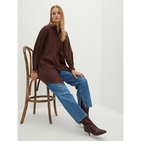 Gömlek Yaka Düz Uzun Kollu Poplin Kadın Tunik