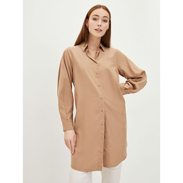 Gömlek Yaka Düz Uzun Kollu Poplin Kadın Tunik