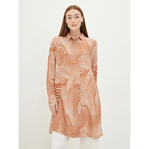 Gömlek Yaka Desenli Uzun Kollu Viskon Kadın Tunik