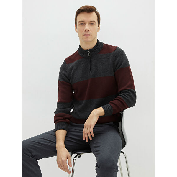 Dik Yaka Uzun Kollu Renk Bloklu Erkek Triko Kazak