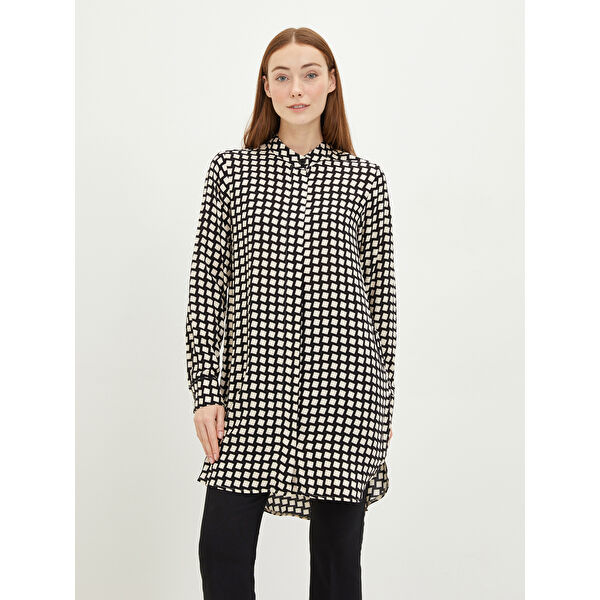 Hakim Yaka Desenli Uzun Kollu Viskon Kadın Tunik