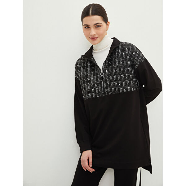 Dik Yaka Desenli Uzun Kollu Oversize Kadın Tunik