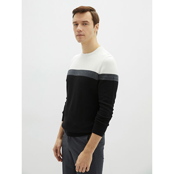 Bisiklet Yaka Uzun Kollu Renk Bloklu Erkek Triko Kazak