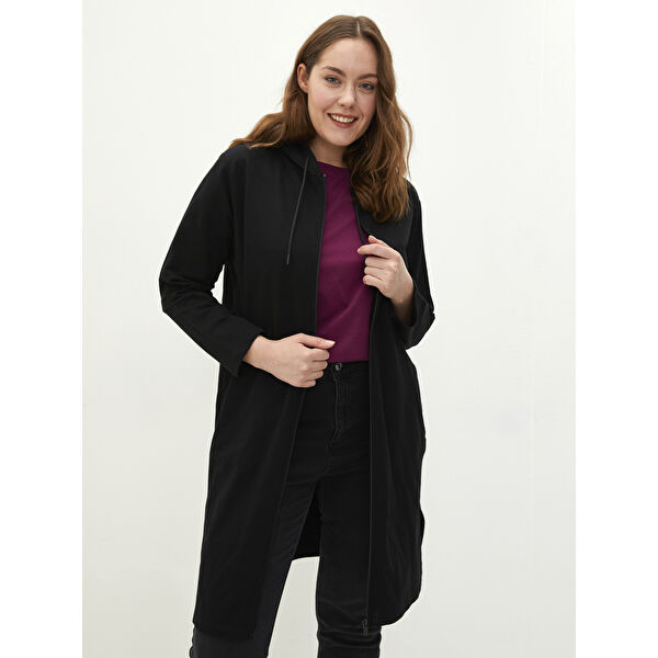 Kapüşonlu Düz Uzun Kollu Pamuklu Kadın Spor Hırka