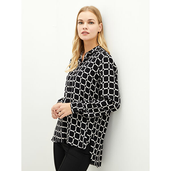 Önden Düğme Kapamalı Desenli Uzun Kollu Maroken Kumaş Kadın Gömlek