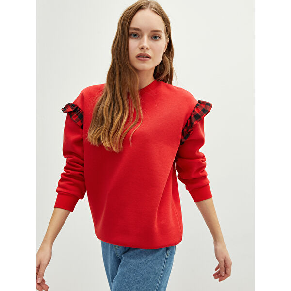 Bisiklet Yaka Fırfır Detaylı Uzun Kollu Kadın Sweatshirt