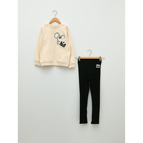 Bisiklet Yaka Baskılı Uzun Kollu Oversize Kız Çocuk Sweatshirt ve Tayt