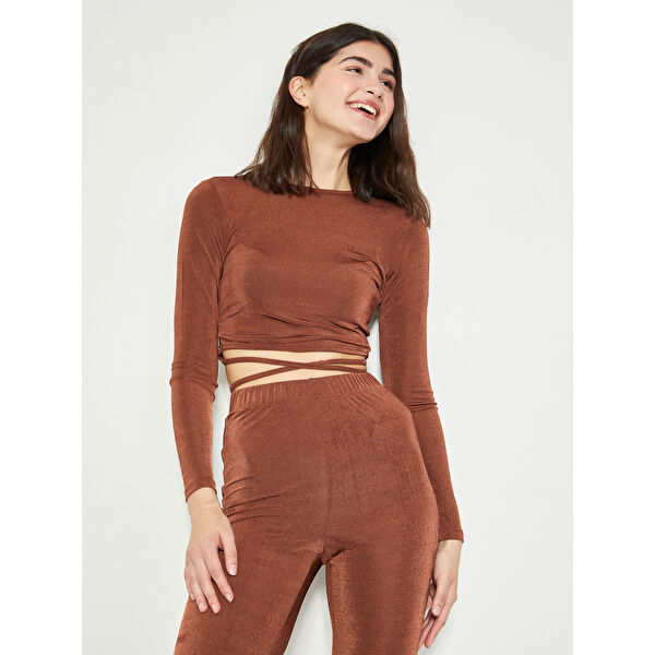 Bisiklet Yaka Düz Uzun Kollu Crop Kadın Tişört