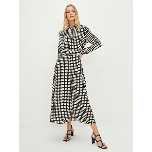 Önden Düğme Kapamalı Desenli Uzun Kollu Viskon Kadın Gömlek Elbise