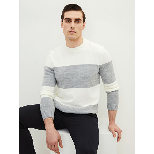 Bisiklet Yaka Uzun Kollu Çizgili Erkek Triko Kazak